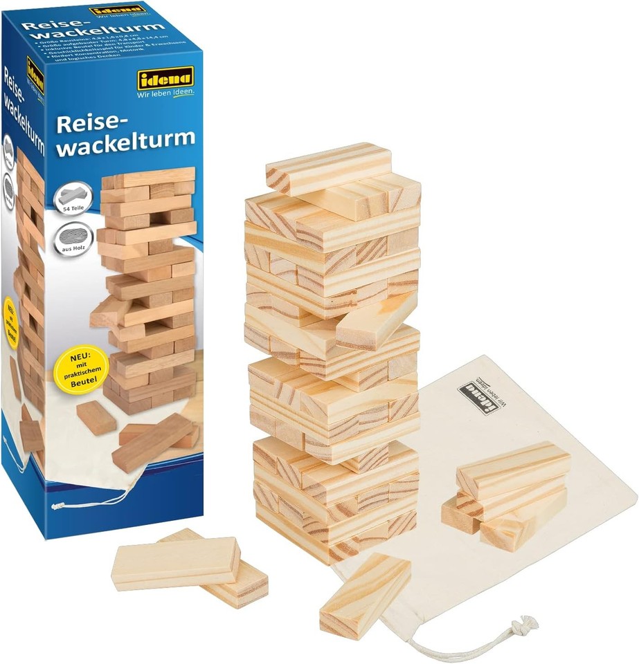 Idena 40088 Wooden Wobble Tower Travel Game with 54 Building Blocks and ...