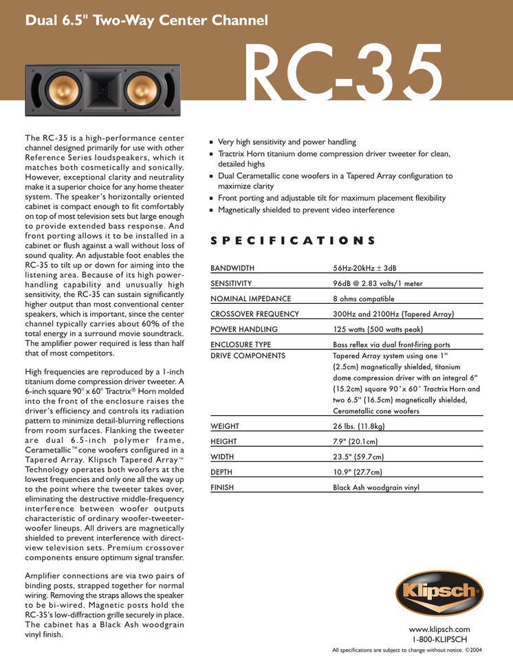 Klipsch RC-35 Reference Series Center Channel Speaker Duel 6.5 inch ...