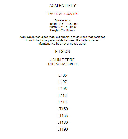 AGM Battery for John Deere L105 L107 L108 L110 L118 LT150 LT155 LT180 ...