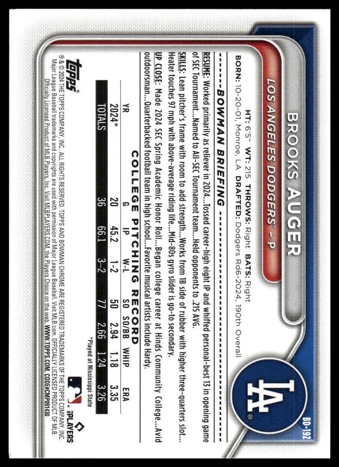 2024 Bowman Draft Brooks Auger #BD-192 | eBay