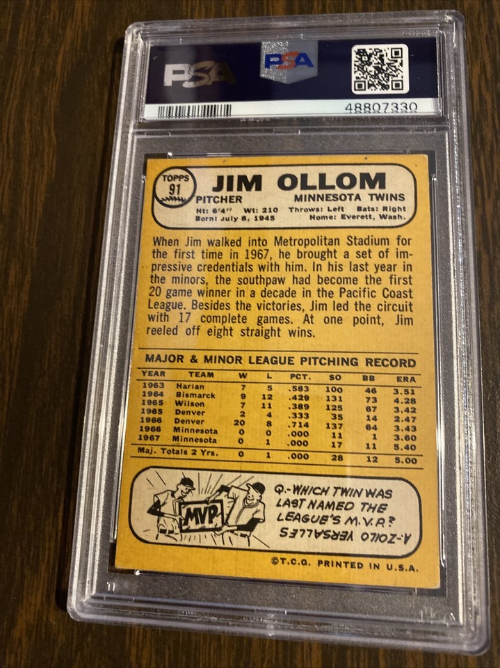 1968 TOPPS #91 Jim Ollom, Minnesota Twins PSA 4 CENTERED! Freshly ...