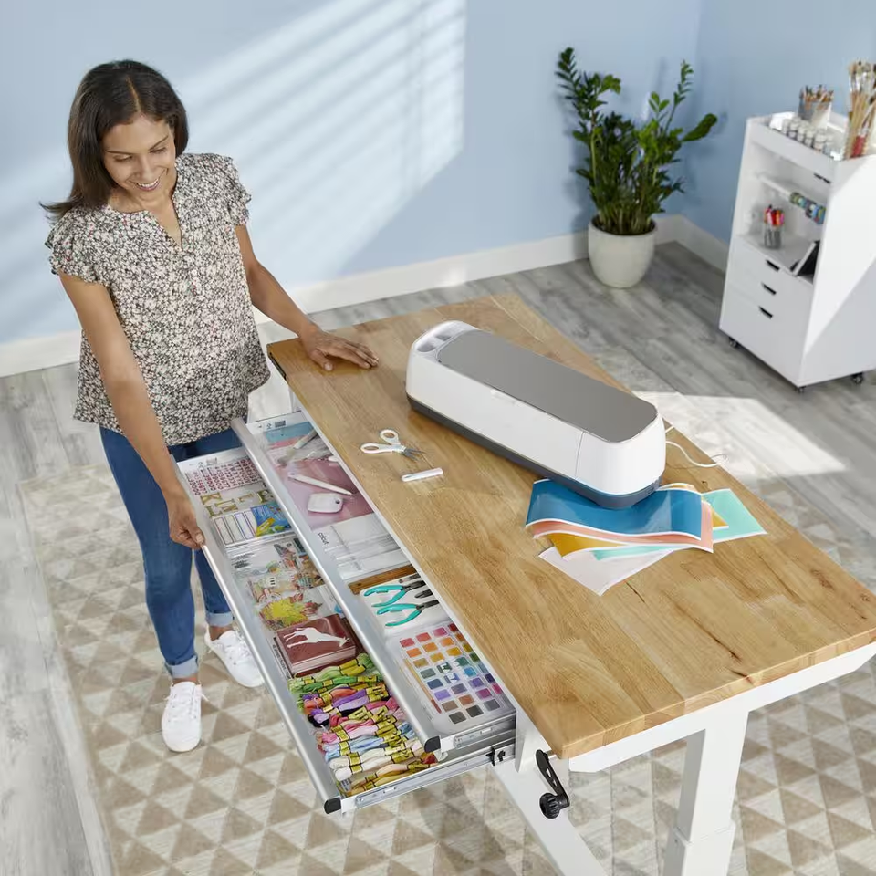 52" W x 24" D 2-Drawer Adjustable White Workbench with Solid Wood Top ...