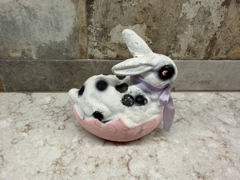 Vintage Easter Paper Mache Black & White Rabbit On Pink Egg Nest Candy ...