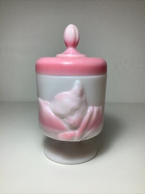 Rare Vintage Fenton Chessie Cat Jar Dish Rosalene Pink Milk Glass | eBay