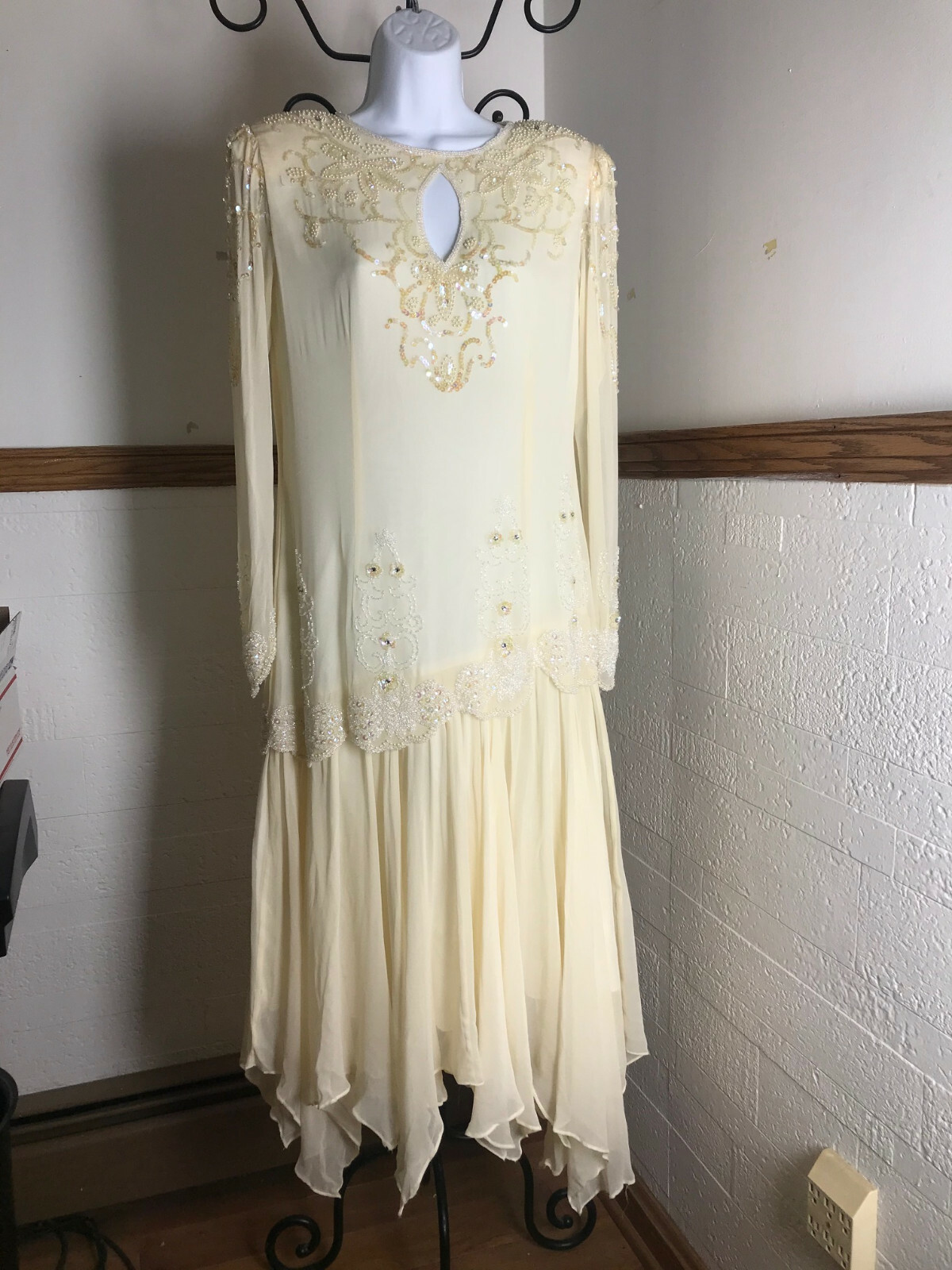 Vtg 80s Shear DRESS Ivory Pearl Beaded Chiffon Scallo… - Gem