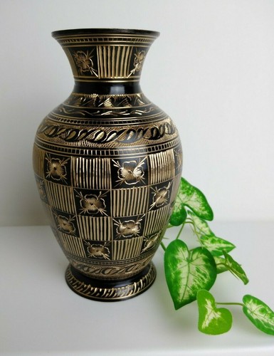 Brass Vase Black Enamel with Etched Pattern Squares/Florals 6" Tall | eBay