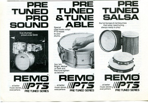1982 small Print Ad of Remo PTS Pre-Tuned Series Drumheads, Drum Kit ...