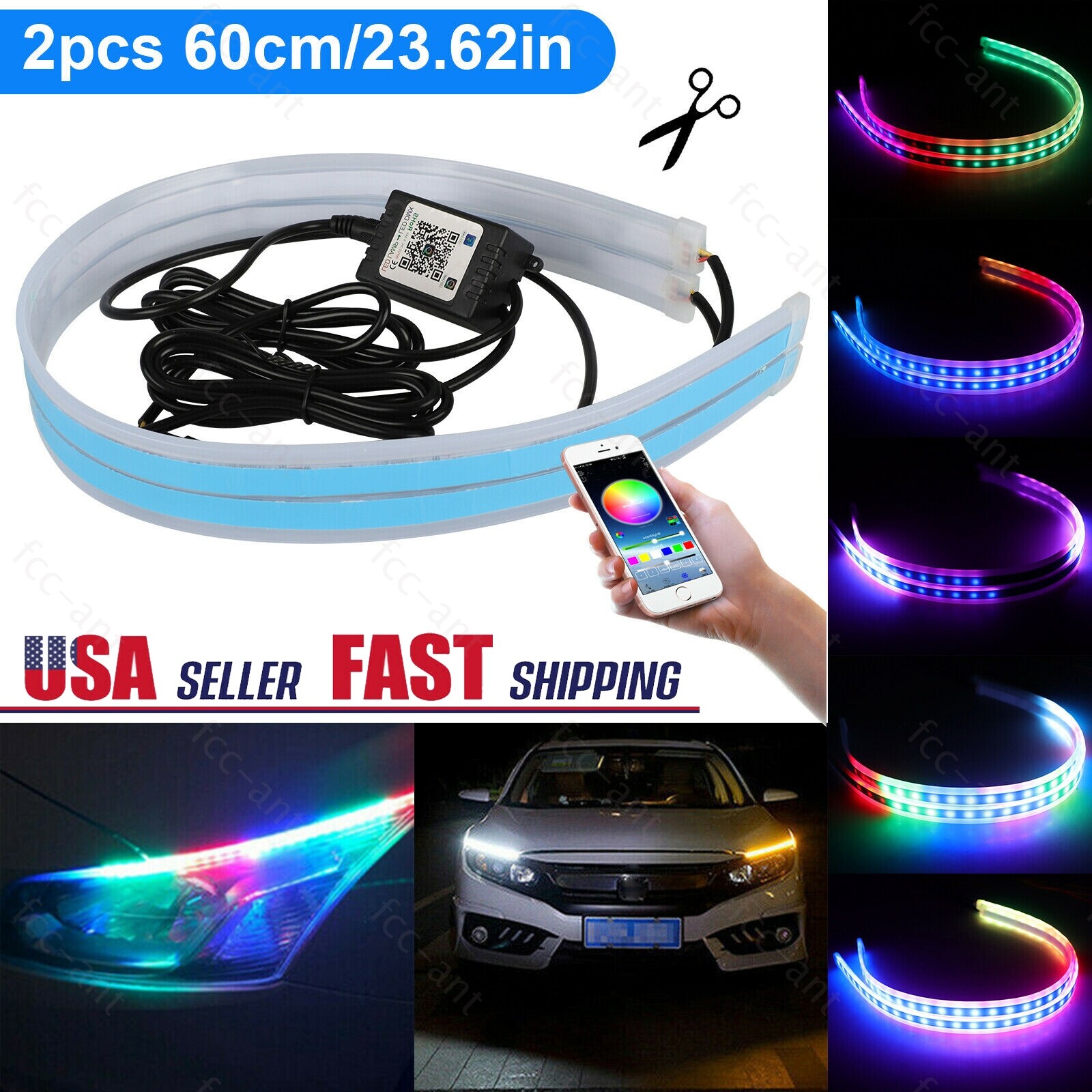 2X RGB APP 60CM Slim Flexible LED DRL Daytime Running Strip Light Car ...