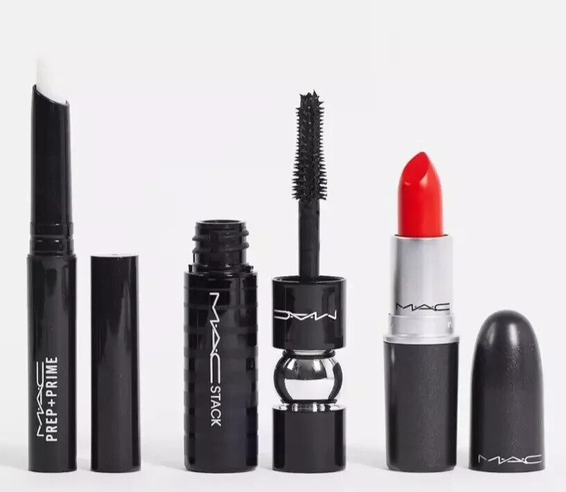 MAC LASHES TO LIPS KIT EYES STACK MASCARA PRIME PREP LIPSTICK 3PC RED ...