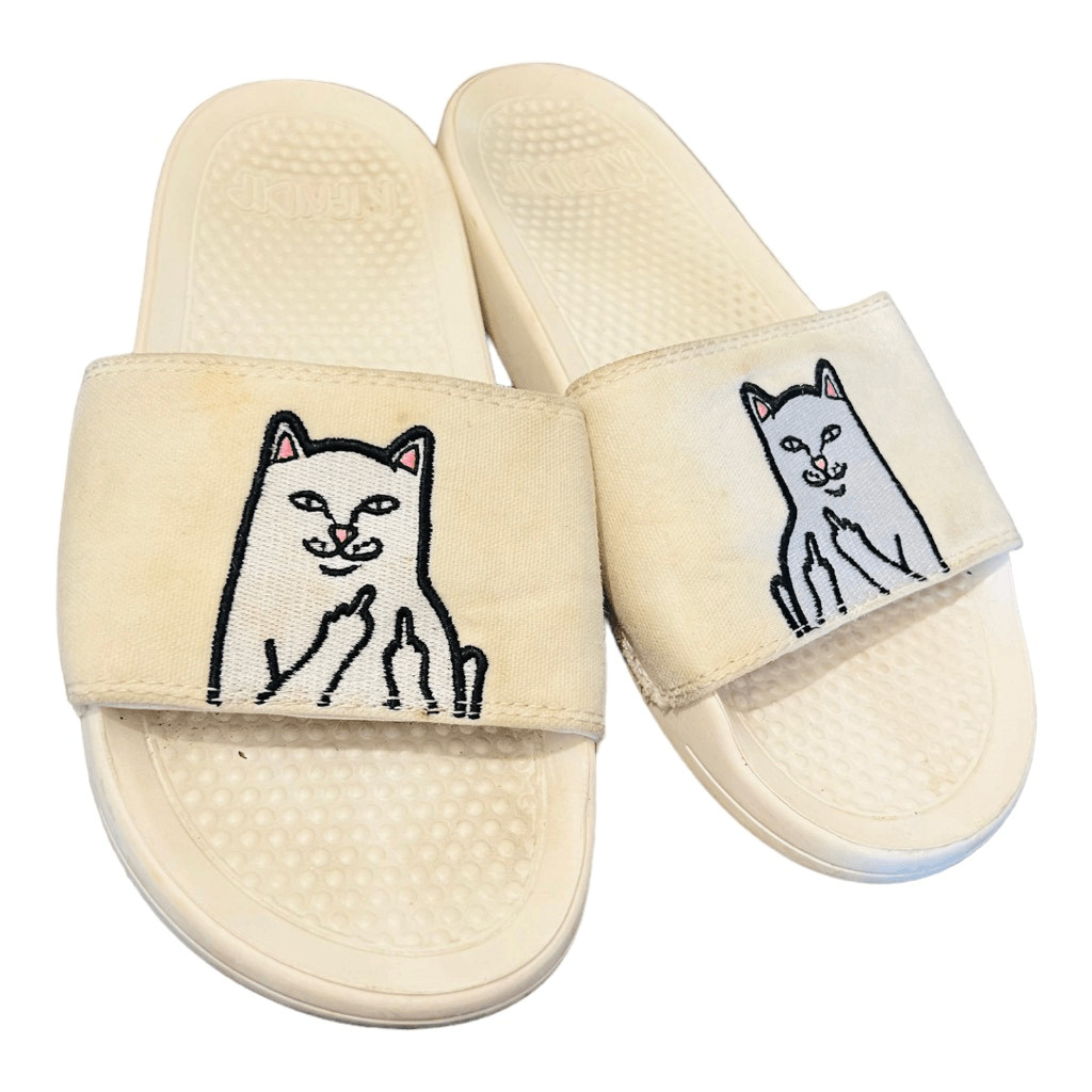 RipNdip white cat with middle finger slides sandals s… - Gem