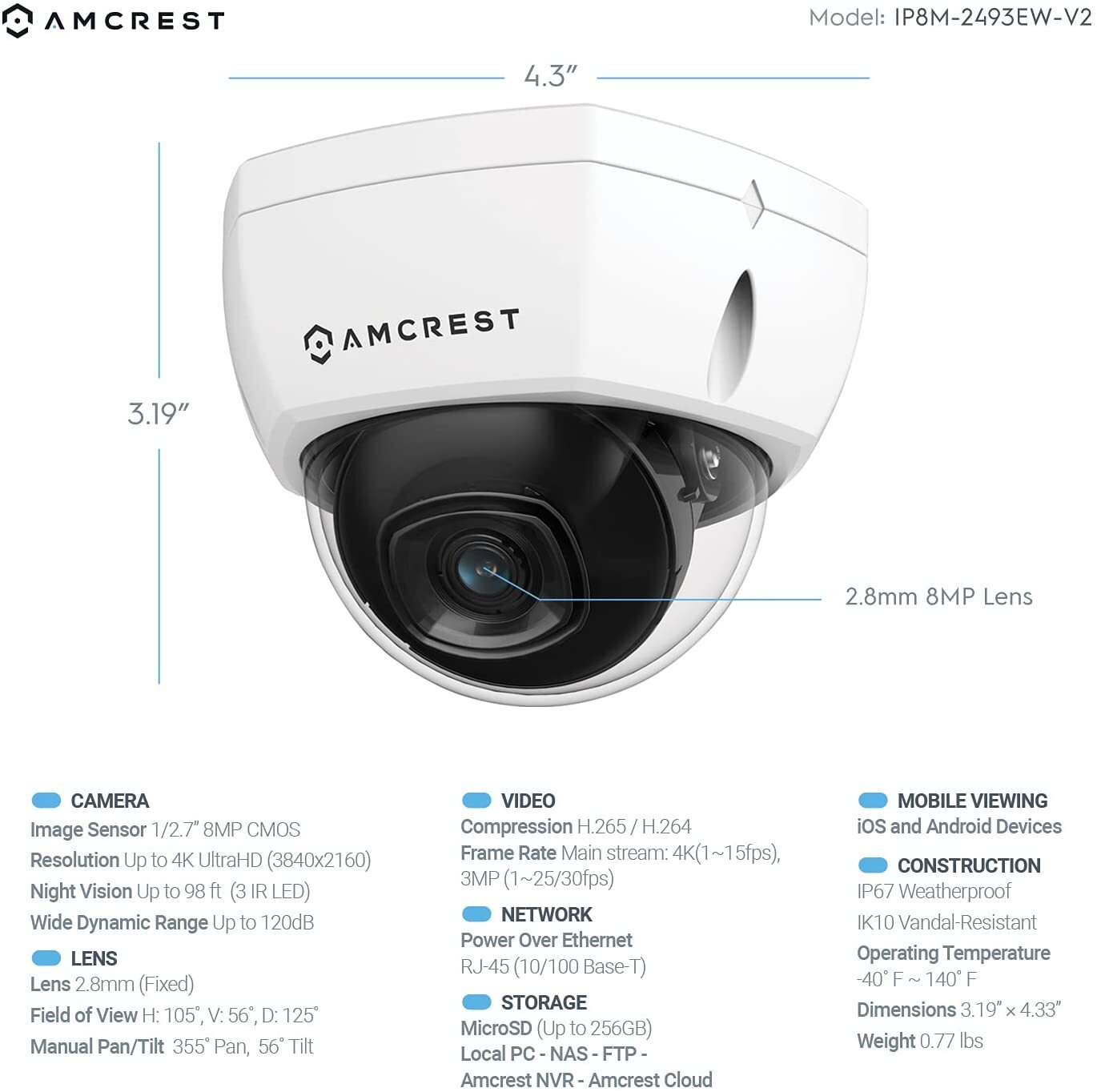 Amcrest 4k UHD 8mp Outdoor Security Poe Dome IP Camera With 2.8mm Lens ...