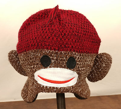 SOCK MONKEY HAT Knit Brown/Red ADULT Animal Costume Ski Cap Toque ...
