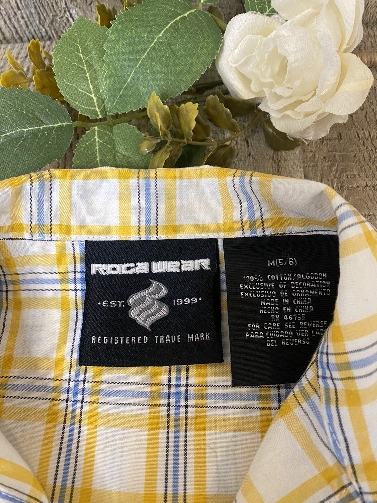 Kids RocaWear White/Yellow/Blue Plaid Short Sleeve Button Up Logo Shirt ...