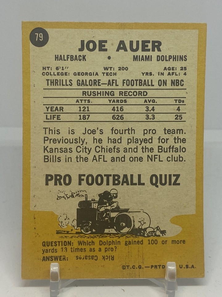 -GR- 1967 Topps football Joe Auer RC #79 *Free Shipping* Miami Dolphins ...
