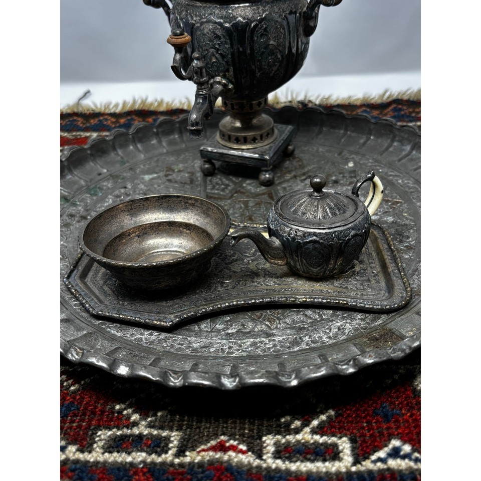 Antique Russian Samovar Tea Set with Tray – Silverplate, Bone Handles ...