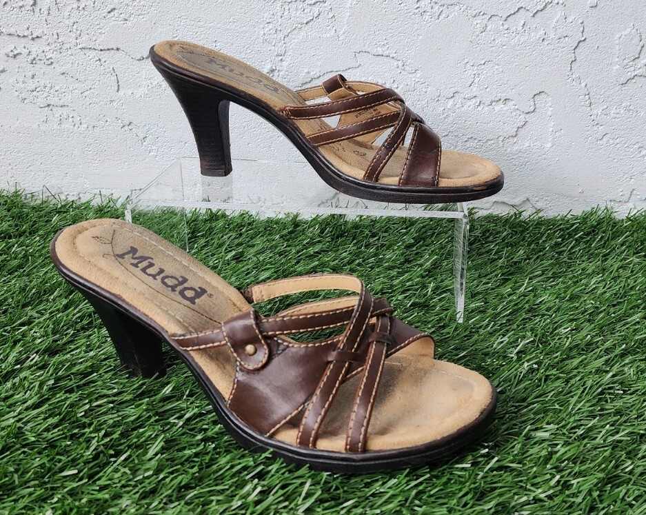 VTG 90s y2k Mudd Piney Brown Faux Vegan Leather Strappy Heel Sandals 6. ...
