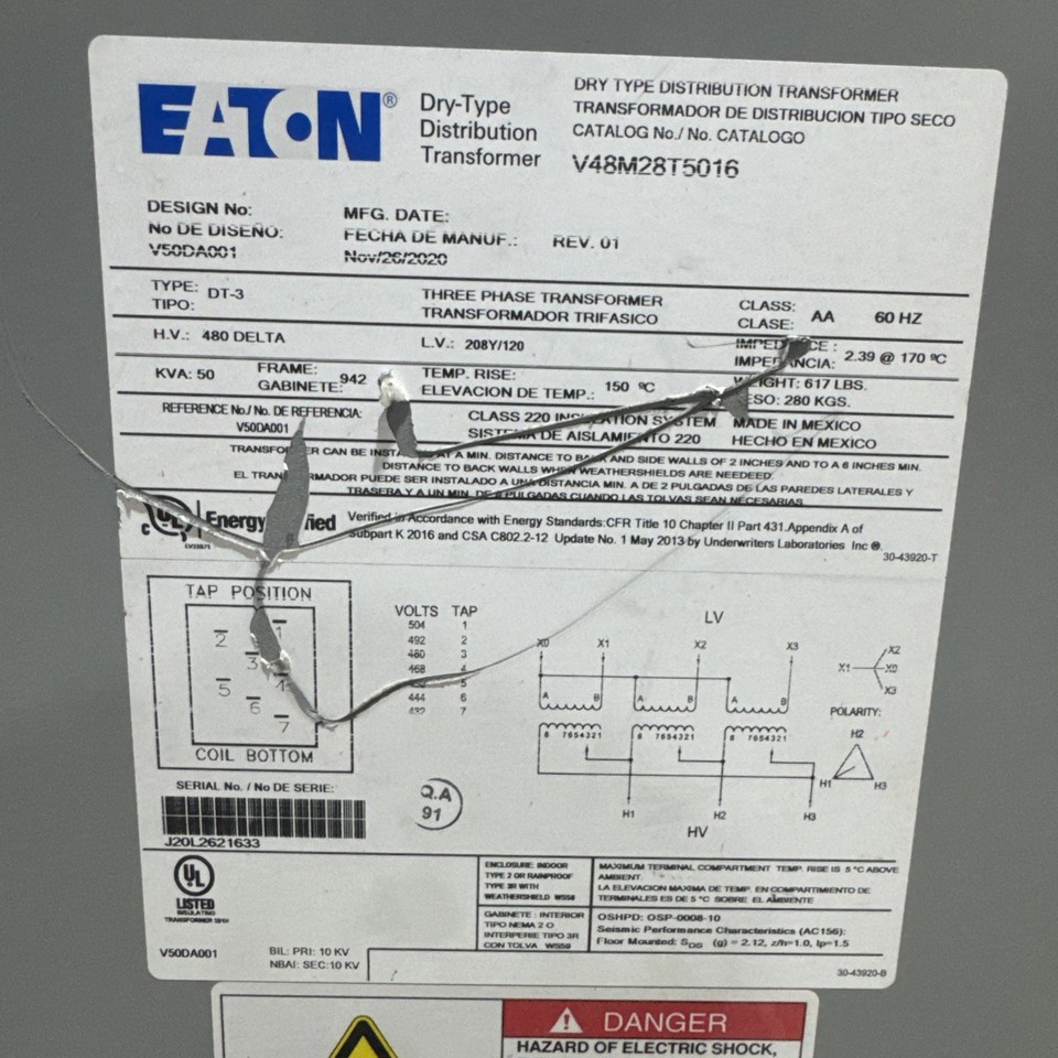 Eaton V48M28T5016 3 Phase 480V General Purpose Ventilated Transformer ...
