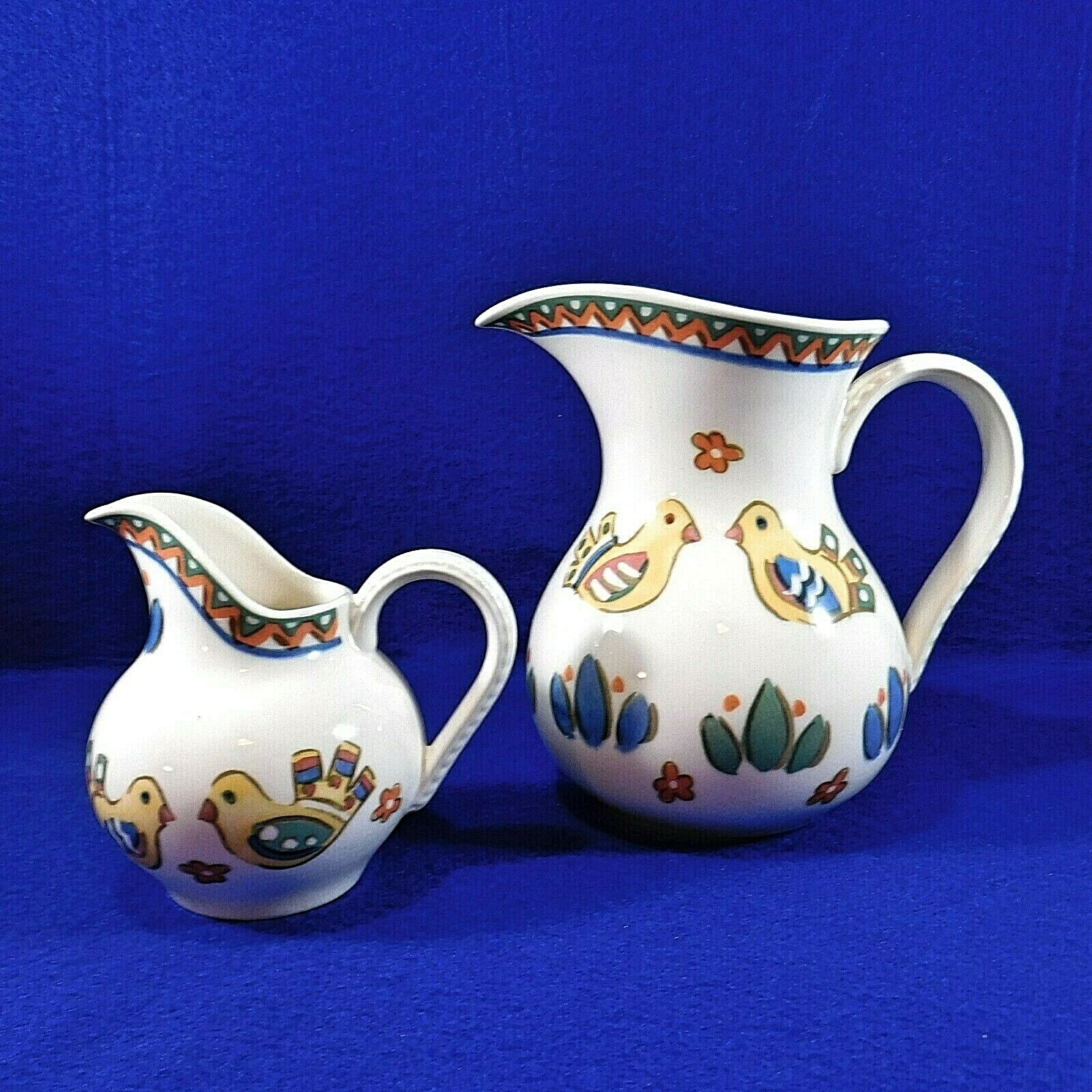 Vintage Set of 2 Pitchers Folk Art Birds Milk Jug and Creamer ...