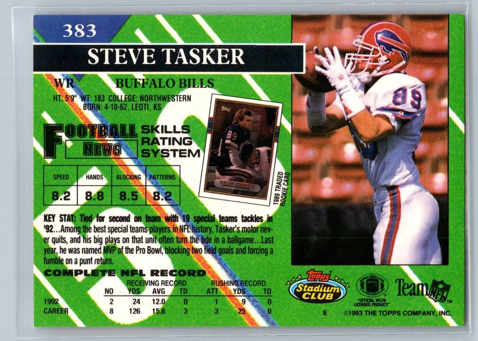 1993 TOPPS STADIUM CLUB CARD # 383 Steve Tasker - Buffalo Bills | eBay