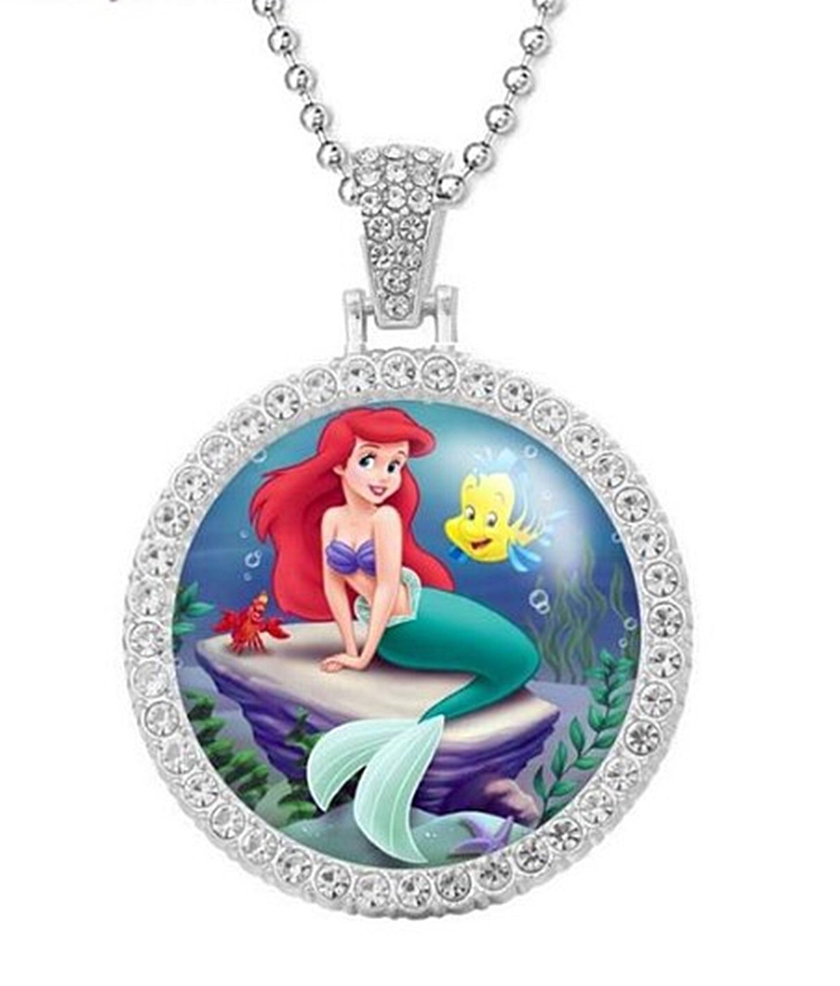Ariel The Little Mermaid Rhinestone Glass Dome Pendant Metal Necklace ...