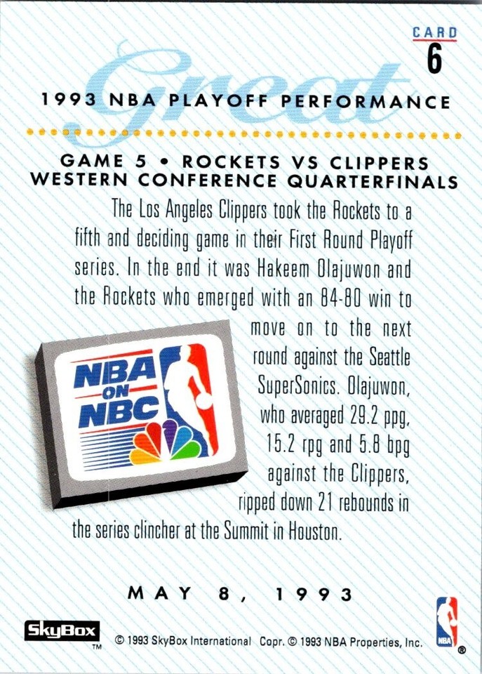 1993-94 Skybox Premium NBA on NBC Hakeem Olajuwon #6 Houston Hall of ...