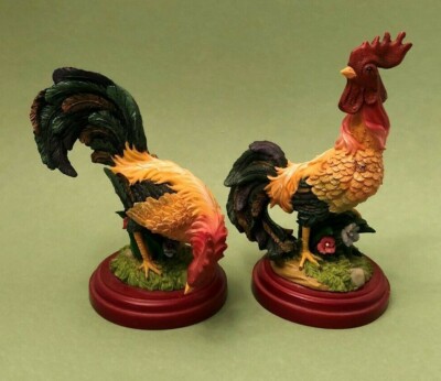 Pair of Brilliant and Colorful Resin Rooster Figurines on Pedestals ...