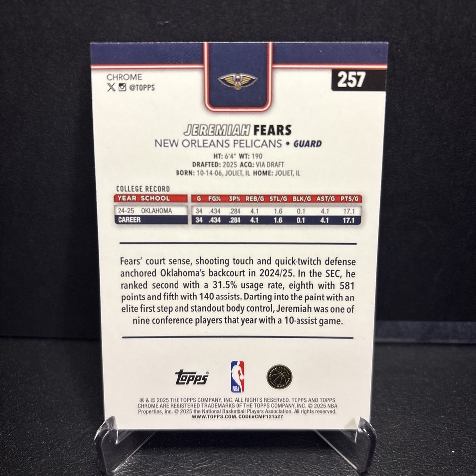 2025-26 Topps Chrome Jeremiah Fears Aqua Basketball Refractor /199 #257 ...