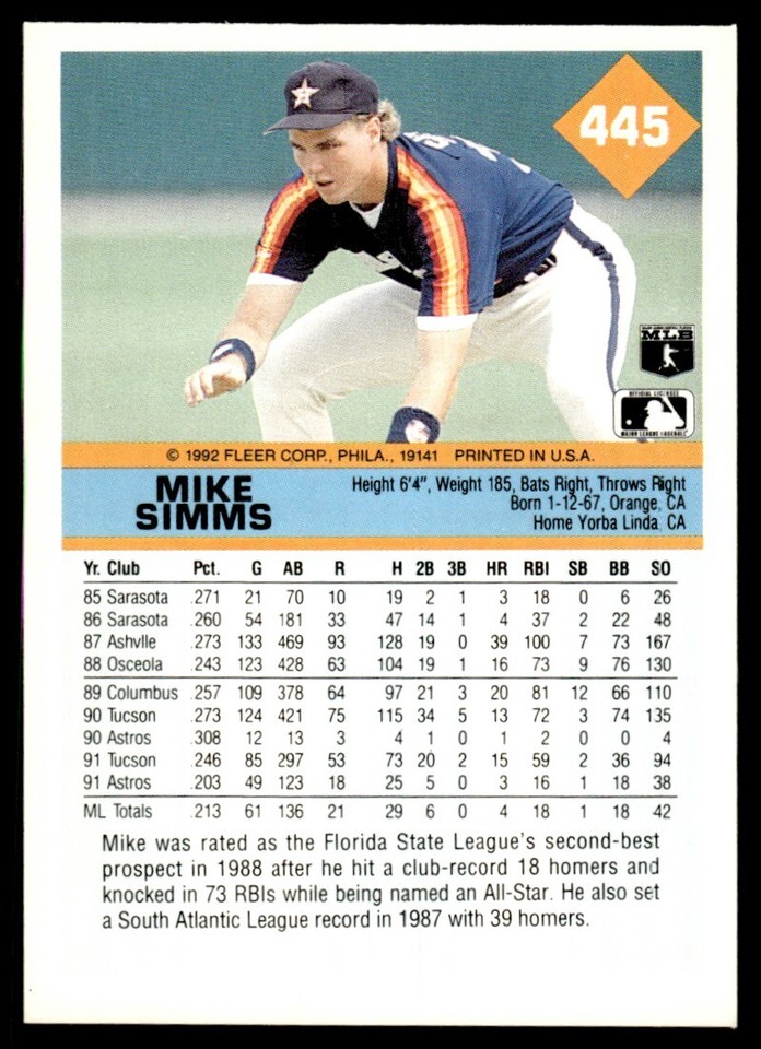 1992 Fleer #445 Mike Simms Houston Astros | eBay