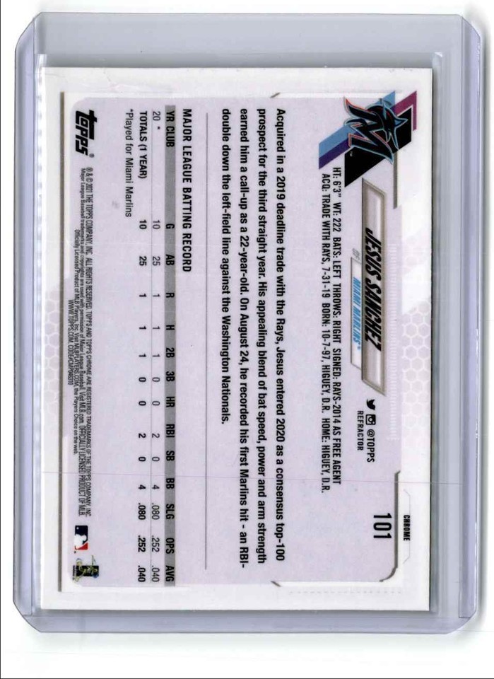 2021 Topps Chrome Refractor Jesus Sanchez Rookie Miami Marlins #101 | eBay