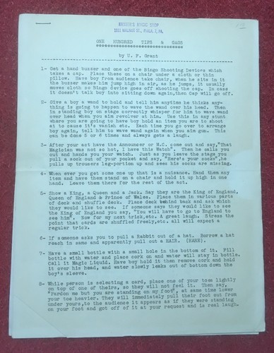 Vintage ONE HUNDRED TIPS AND GAGS By U.F. Grant - Kanter's Magic Shop ...