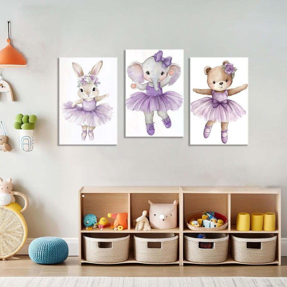 Nursery Canvas Wall Art 3 Piece Bunny Elephant Bear with Purple Skirts ...