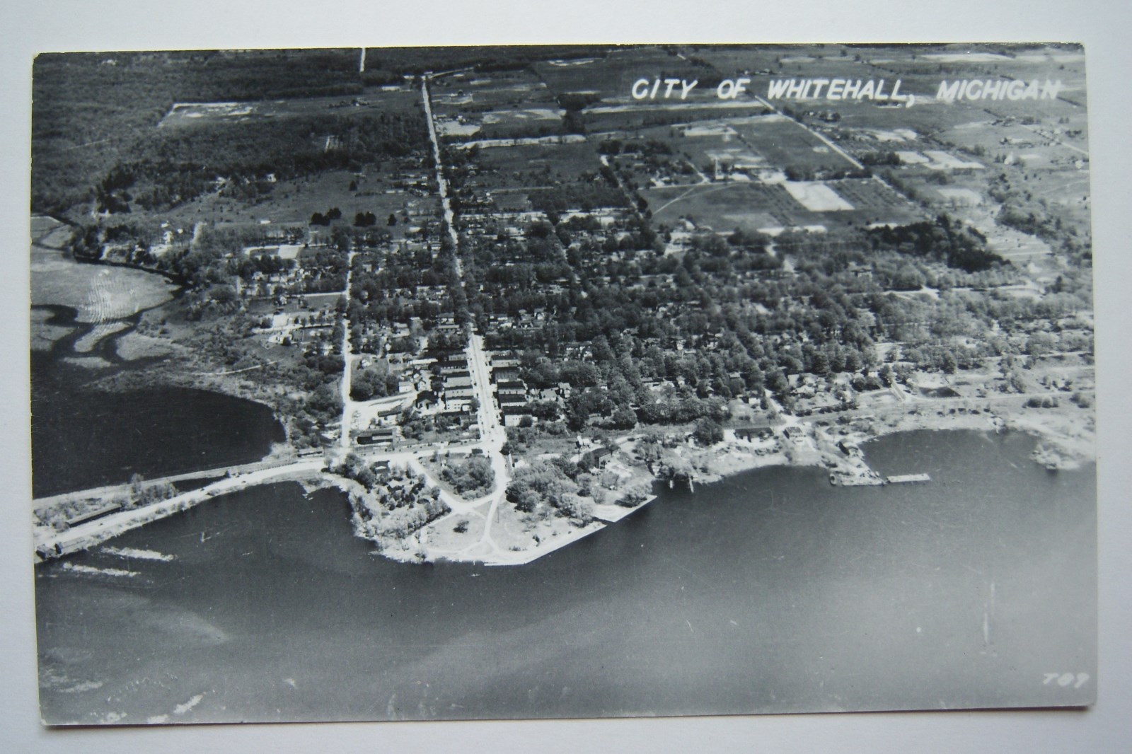 CITY OF WHITEHALL, MI postcard RPPC aerial view, White Lake, circa 1948 ...