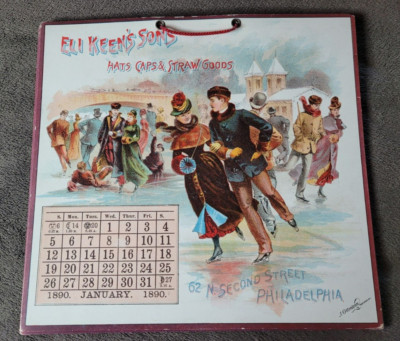 1890 Calendar Eli Keen's Sons Hats Caps Straws Goods Baseball Tobacco ...