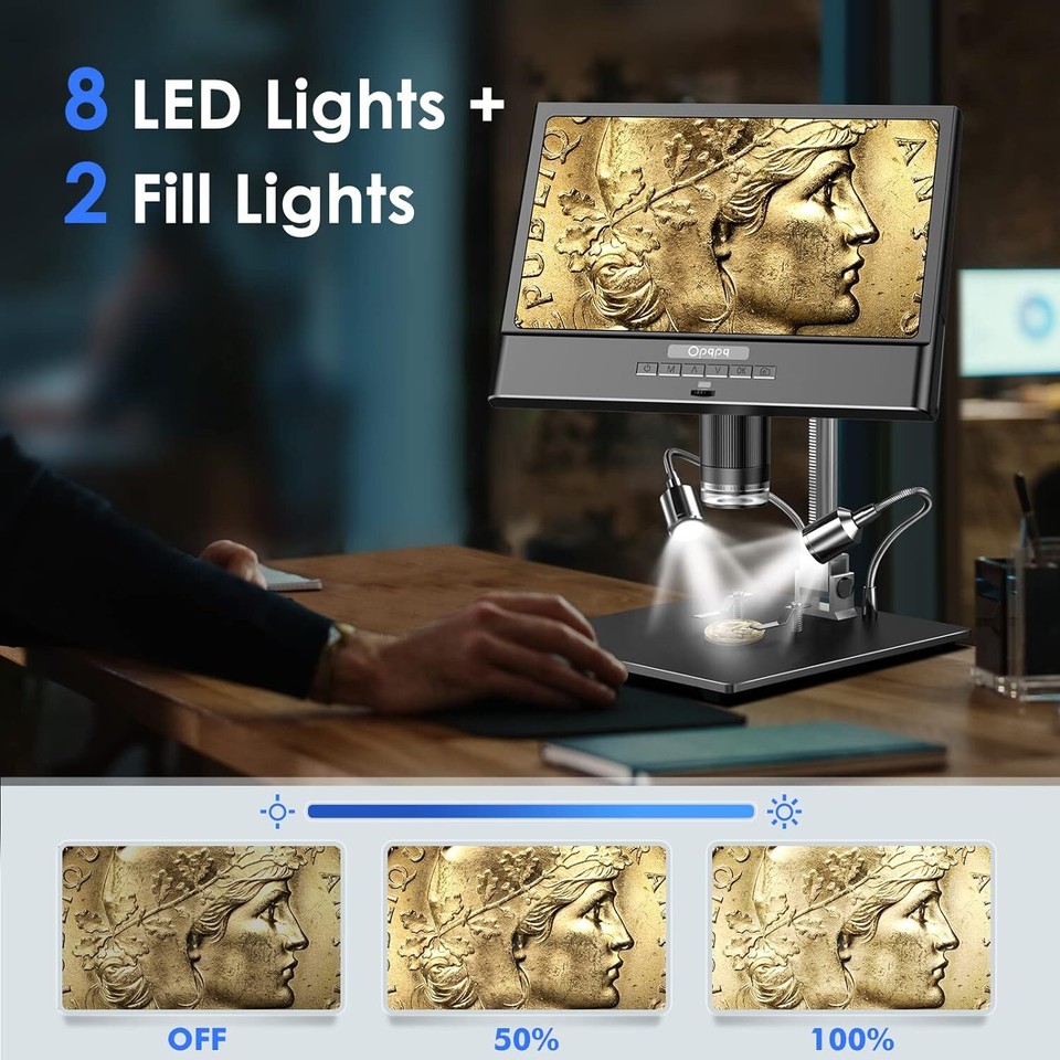 10" 1080P LCD Digital Microscope 50-1300X Magnifier Coin Camera Video ...