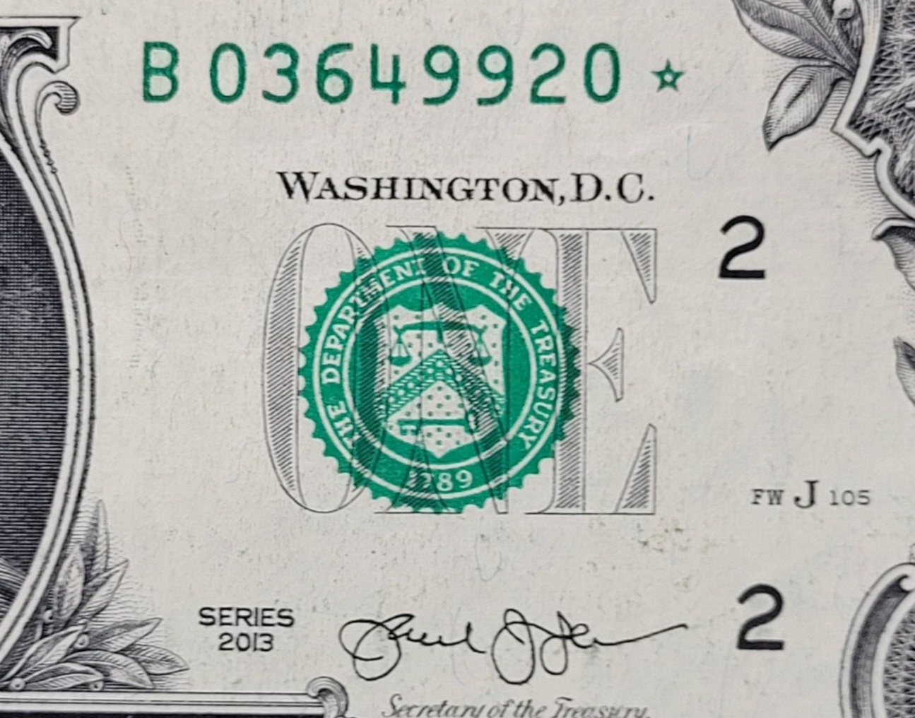 2013 $1 Dollar Star Note Duplicate Serial Number B03649920* FW B Series ...