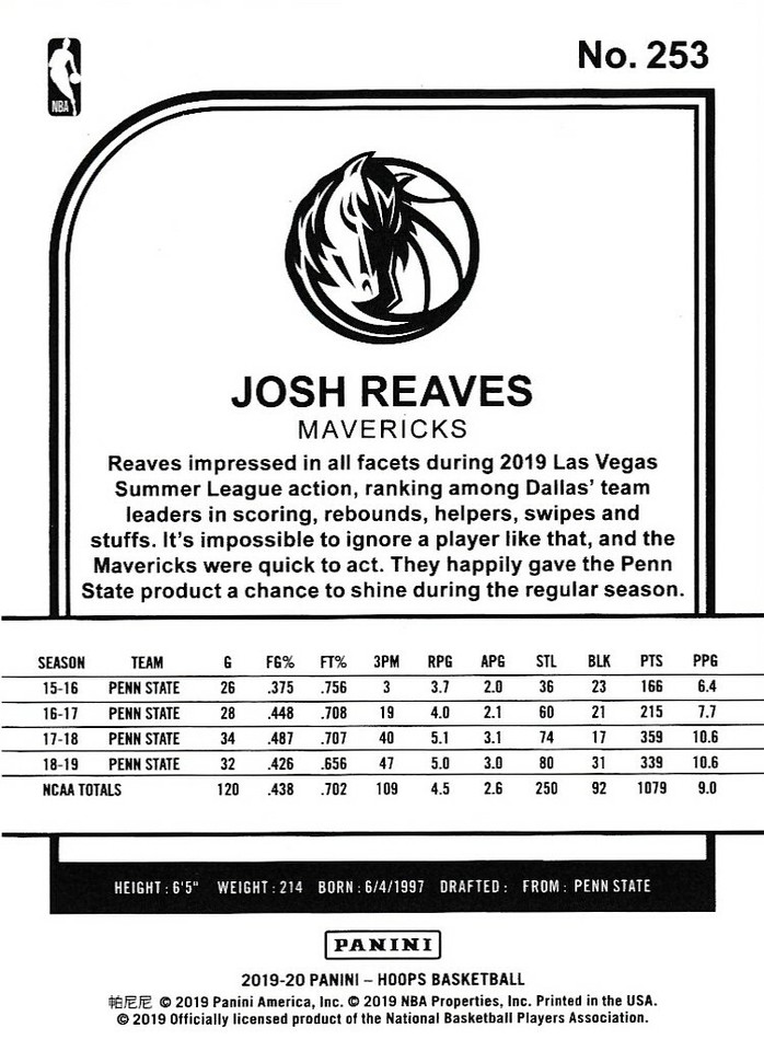 2019-20 NBA HOOPS WINTER RC JOSH REAVES DALLAS MAVERICKS ROOKIE - G699 ...