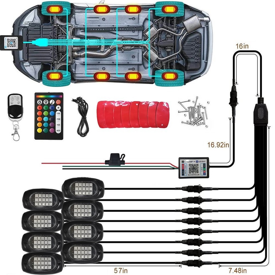 8Pod RGB LED Rock Lights Offroad Music Bluetooth Wireless Underglow ...