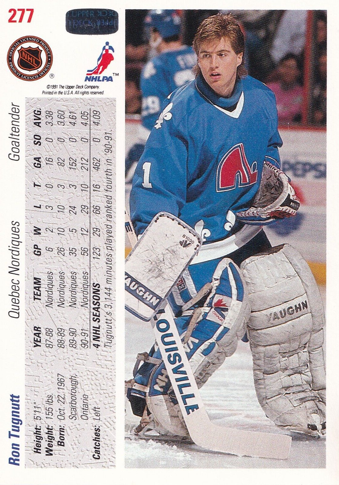 1991-92 Upper Deck #277 Ron Tugnutt- Quebec Nordiques +(Yes 4 Free ...