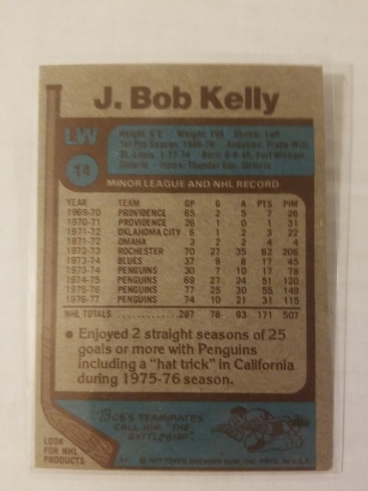1977-78 Topps Hockey Card - #14 J. Bob Kelly - Pittsburgh Penguins - Vg ...