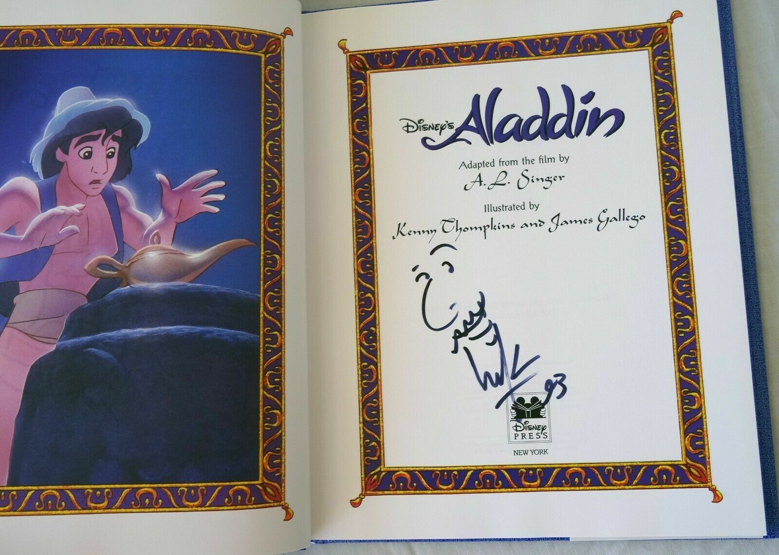 1992 Walt Disney ALADDIN Book SIGNED & SKETCHES by KENNY THOMPKINS ...