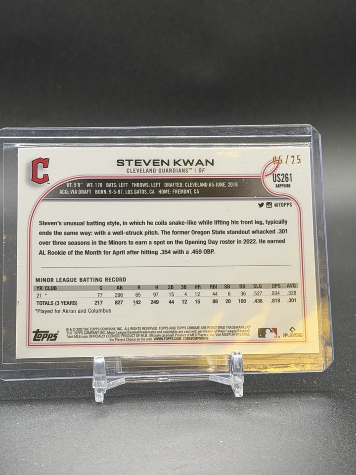 2022 Topps Chrome Update Sapphire Steven Kwan Refractor Orange RC #/25 ...