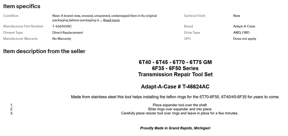 6T40 6T70 6F35 6F50 Transmission Teflon Ring Installation Tool Set T ...