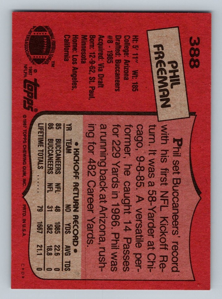 1987 Topps #388 Phil Freeman RC Rookie Tampa Bay Buccaneers | eBay