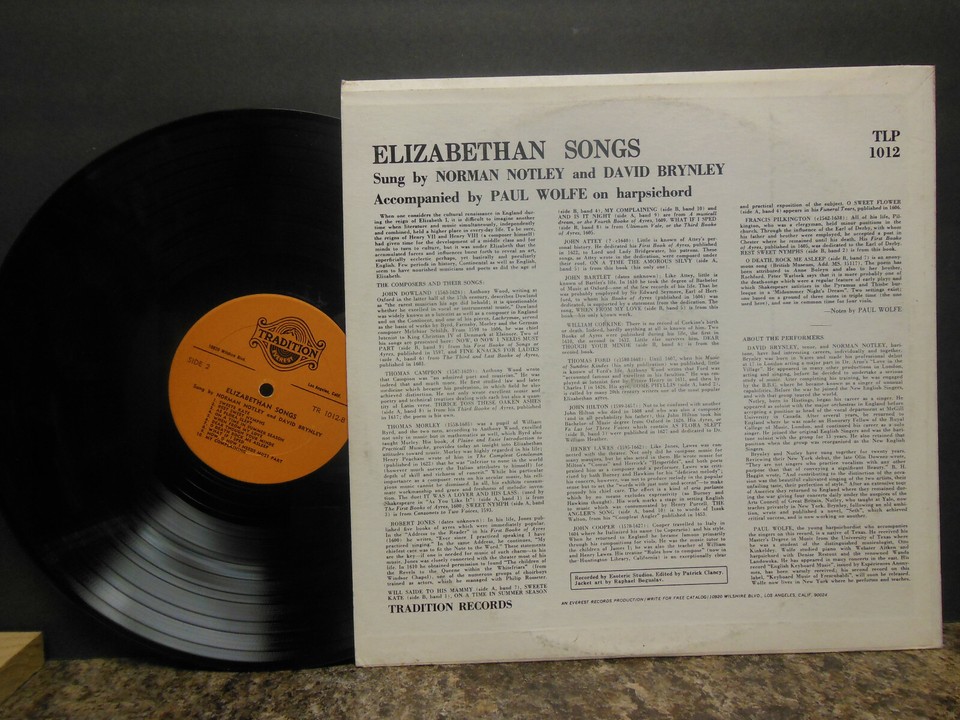 Norman Notley And David Brynley: Elizabethan Songs, TLP 1012, 12" LP EX ...