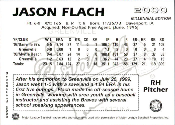 2000 Greenville Braves Grandstand #6 Jason Flach Davenport Iowa IA ...