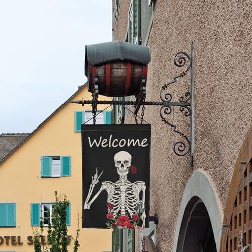 Welcome Skeleton Hallowen Flowers Rose Skull Garden Flag 12x18 Inch ...