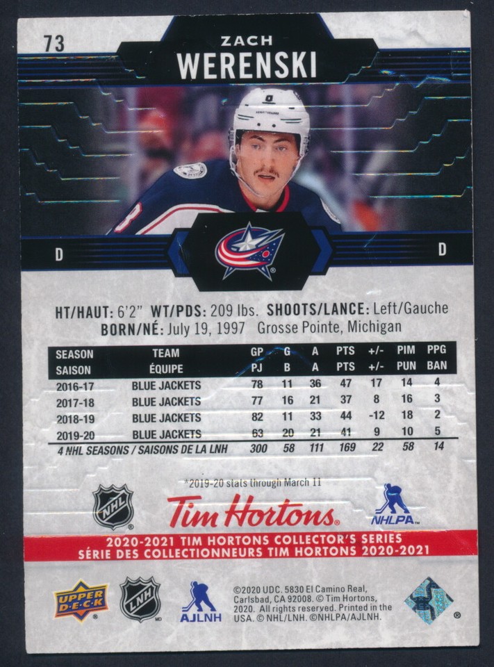 2020-21 Tim Hortons Hockey Card #73 Zach Werenski | eBay UK