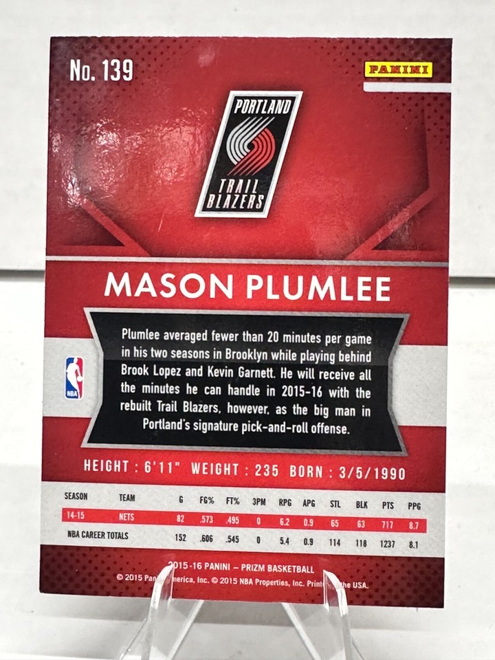 2015-16 Panini Prizm Basketball #139 Mason Plumlee Portland Trail ...