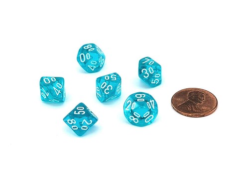 Translucent 10mm Mini Tens D10 Dice, 6 Pieces - Teal with White Numbers ...