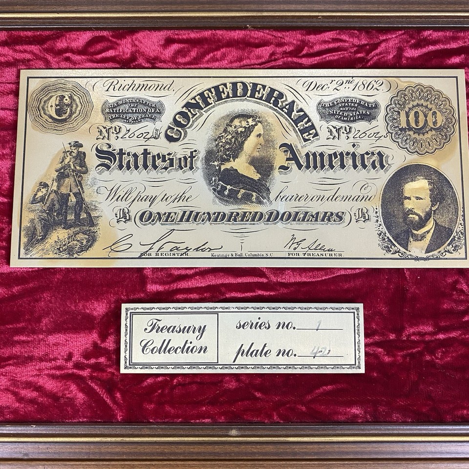 Vintage Confederate States Currency Note $100 Engraving Framed 11x9 ...